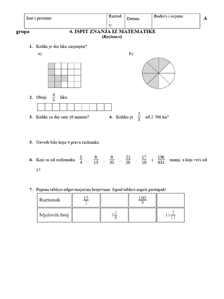 Ispit Znanja 4 RAZLOMCI Peti Razred A | PDF