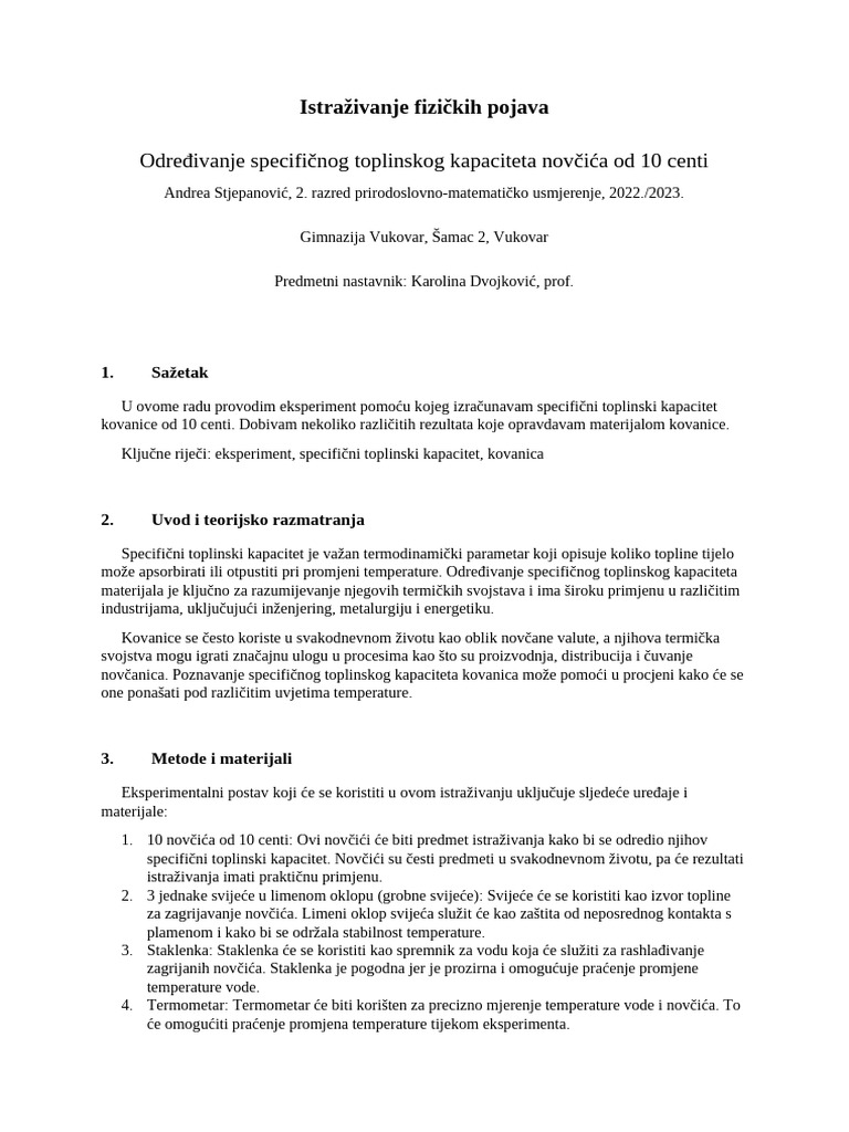 Istraživanje Fizičkih Pojava - Spec. Topl. Kapacitet | PDF