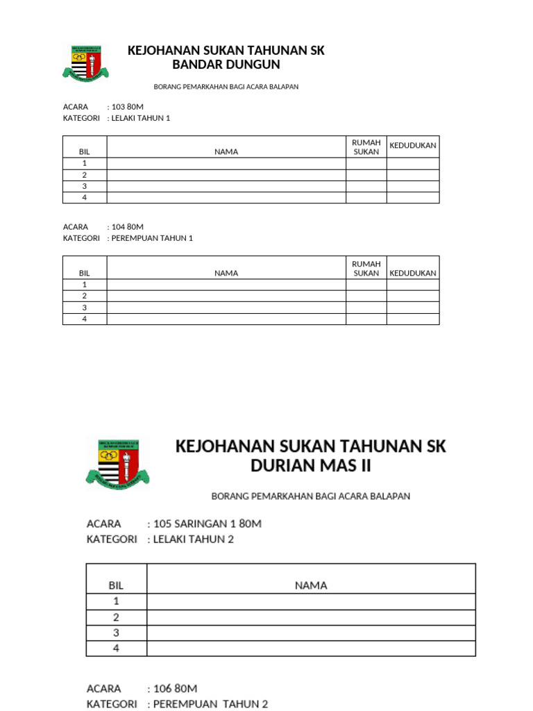 Borang Markah Kejohanan Sukan SKBD | PDF