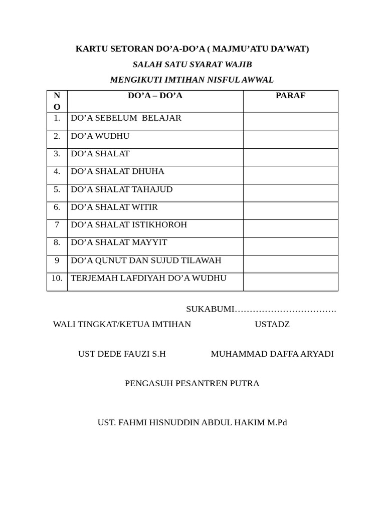 Kartu Setoran Doa | PDF