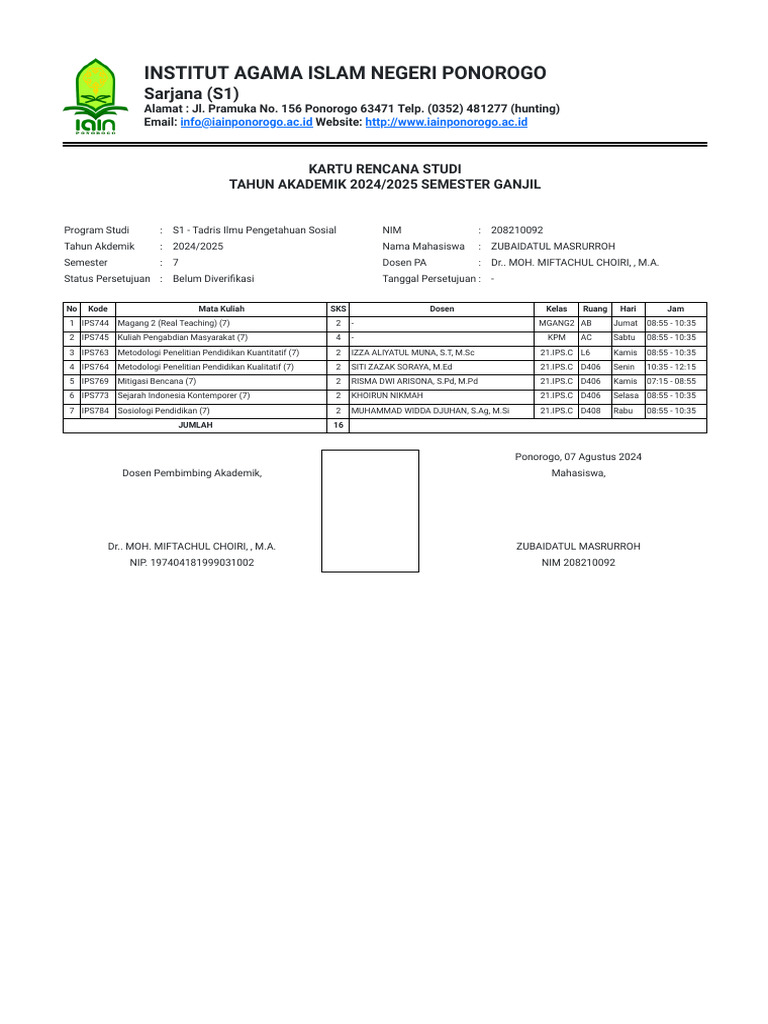 Kartu Rencana Studi (KRS) - 208210092 Zubb) | PDF