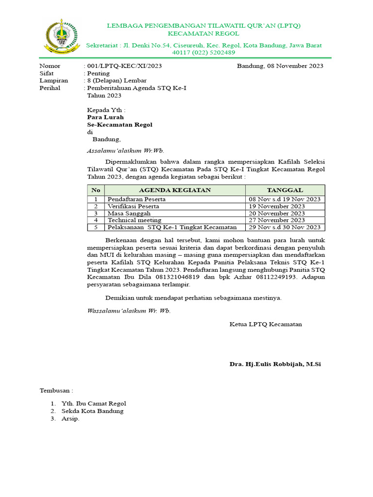Surat Undangan STQ Tingkat Kecamatan Regol | PDF
