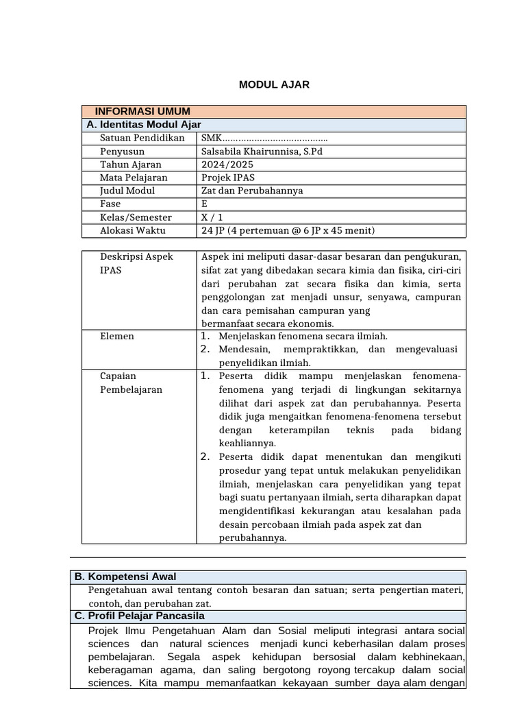 Modul Ajar Projek Ipas - Zat Dan Perubahannya | PDF Modul Ajar Projek Ipas - Zat Dan Perubahannya | PDF