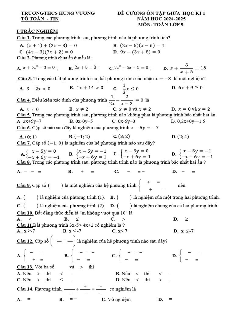 TOÁN 9-ĐỀ CƯƠNG GK1 (24-25) - HV | PDF