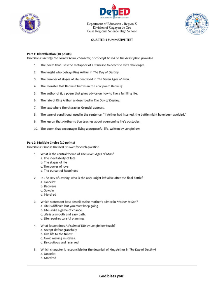 Summative Test | PDF | Gawain | Beowulf