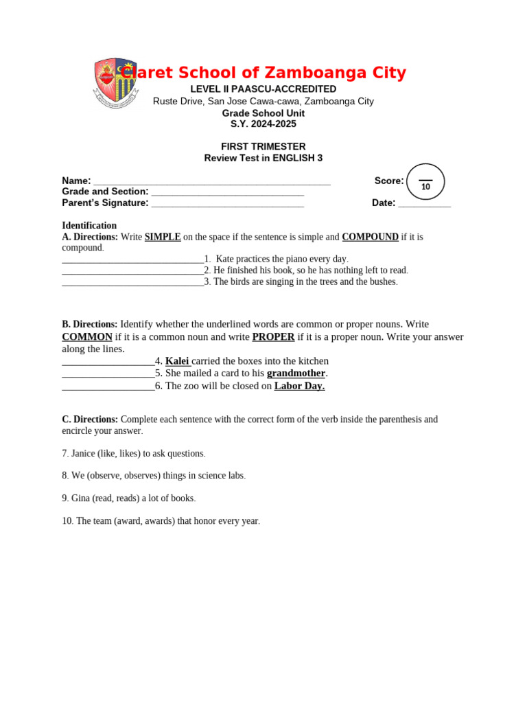 Revies Test in English 3 | PDF