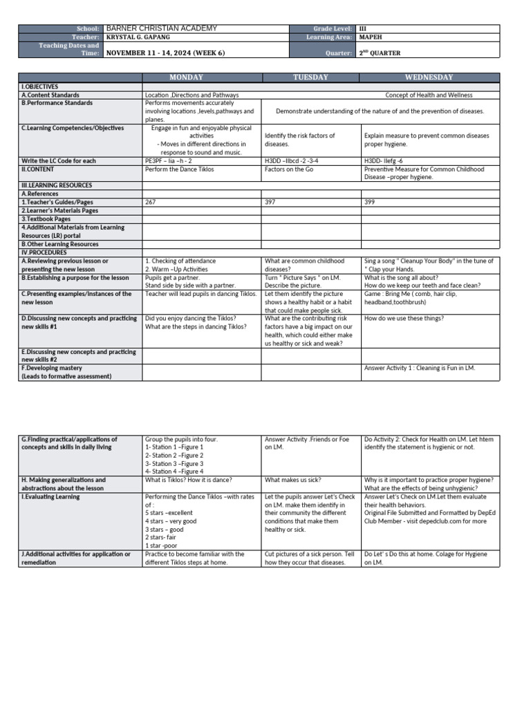 DLL - Mapeh 3 - Q2 - W6 | PDF | Learning | Teachers