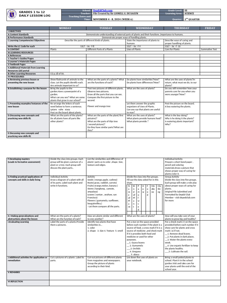 DLL - Science 3 - Q2 - W6 | PDF | Learning | Botany