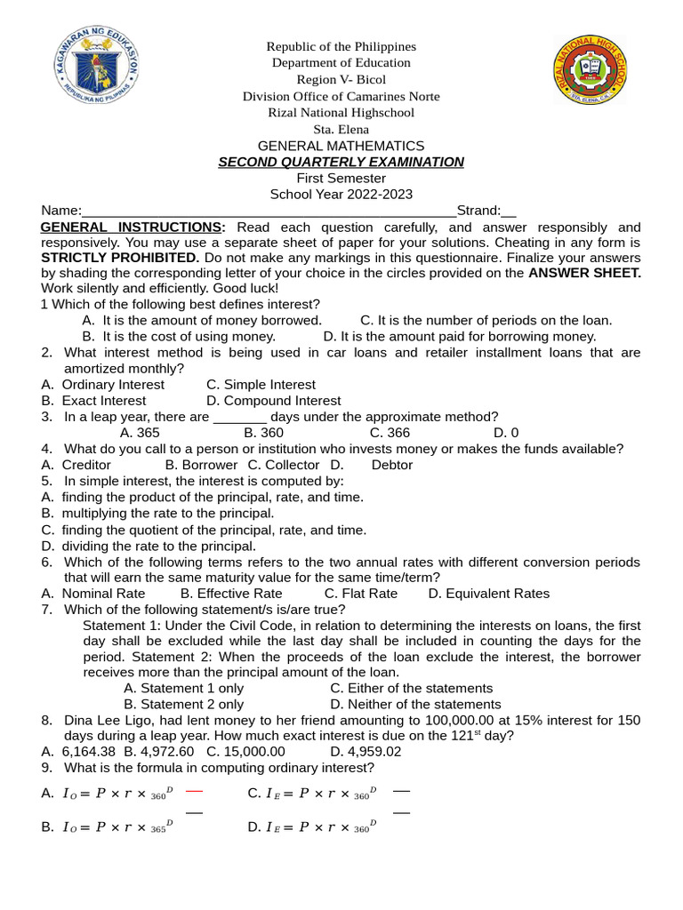2nd Quarterly Examination General Mathematics Final | PDF | Interest ...