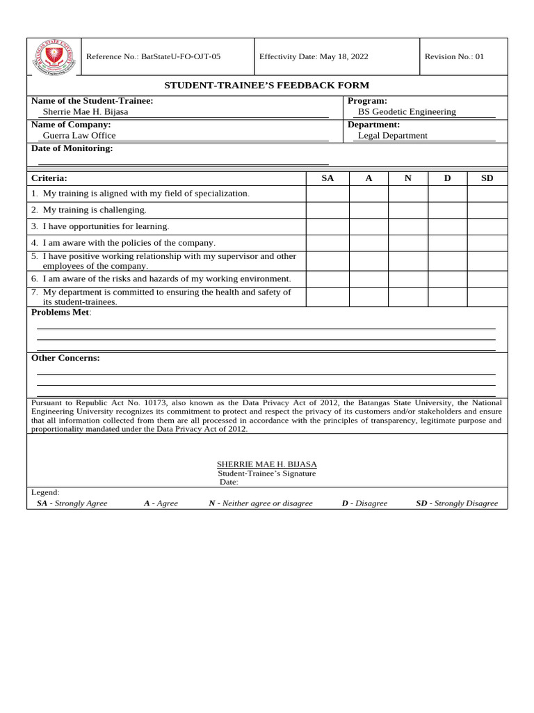 BatStateU-FO-OJT-05 - Student Trainee's Feedback Form - Rev. 01 | PDF