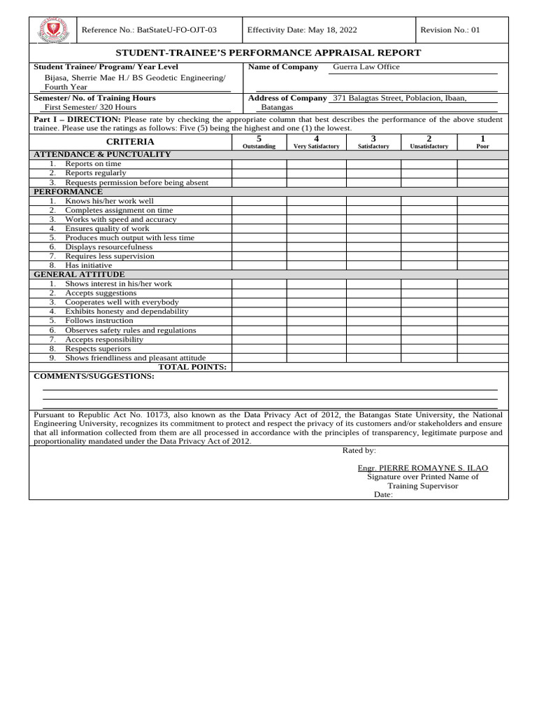 BatStateU-FO-OJT-03 - Student-Trainee's Performance Appraisal Report ...