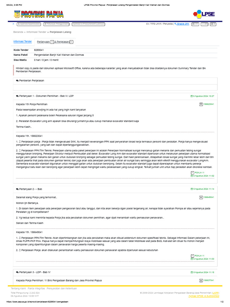 LPSE Provinsi Papua - Penjelasan Lelang Pengendalian Banjir Kali Wainan Dan Dormas | PDF