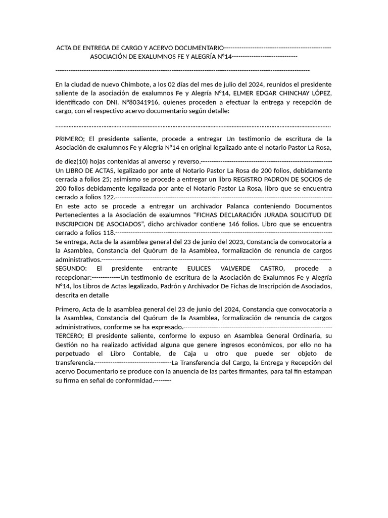 Acta de Entrega de Cargo y Acervo Documentario | PDF | Gobierno