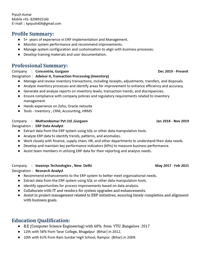 Piyush Kumar 5+exp ERP | PDF | Enterprise Resource Planning | Data