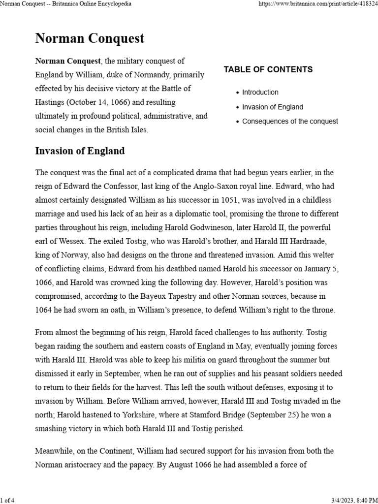 Norman Conquest - Britannica Online Encyclopedia | PDF | Middle Ages