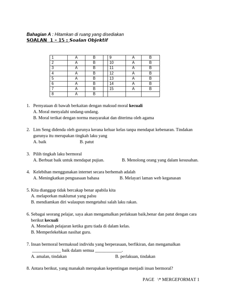 Soalan Objektif Moral dan Etika | PDF