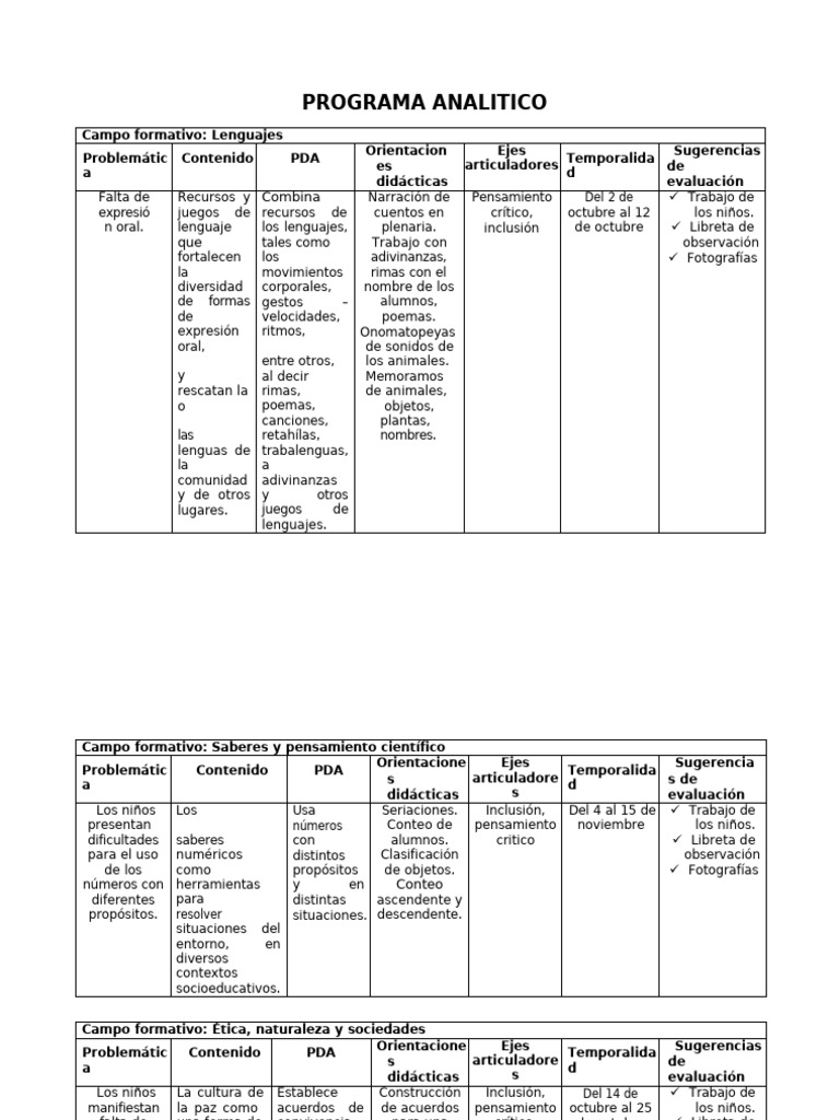 Programa Analitico Pdf Evaluación Educación Primaria