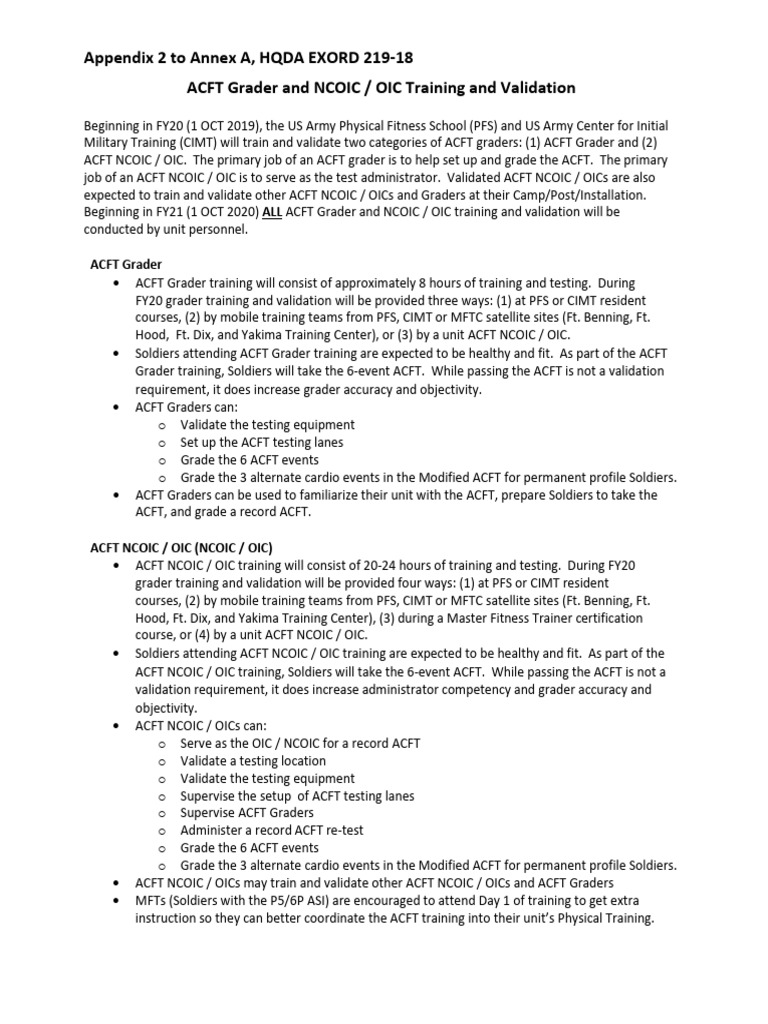 HQDA EXORD 219-18 (FRAGO 7) App 2 To Annex A - ACFT Grader Validation | PDF