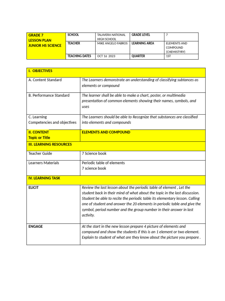 GRADE 7 Lesson Plan | PDF | Chemical Compounds | Chemical Elements