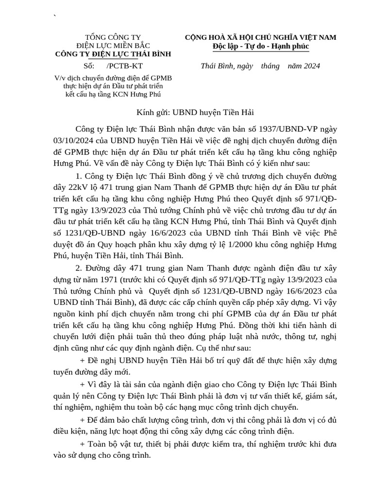 Dịch chuyển công trình điện KCN Hưng Phú - Tiền Hải | PDF