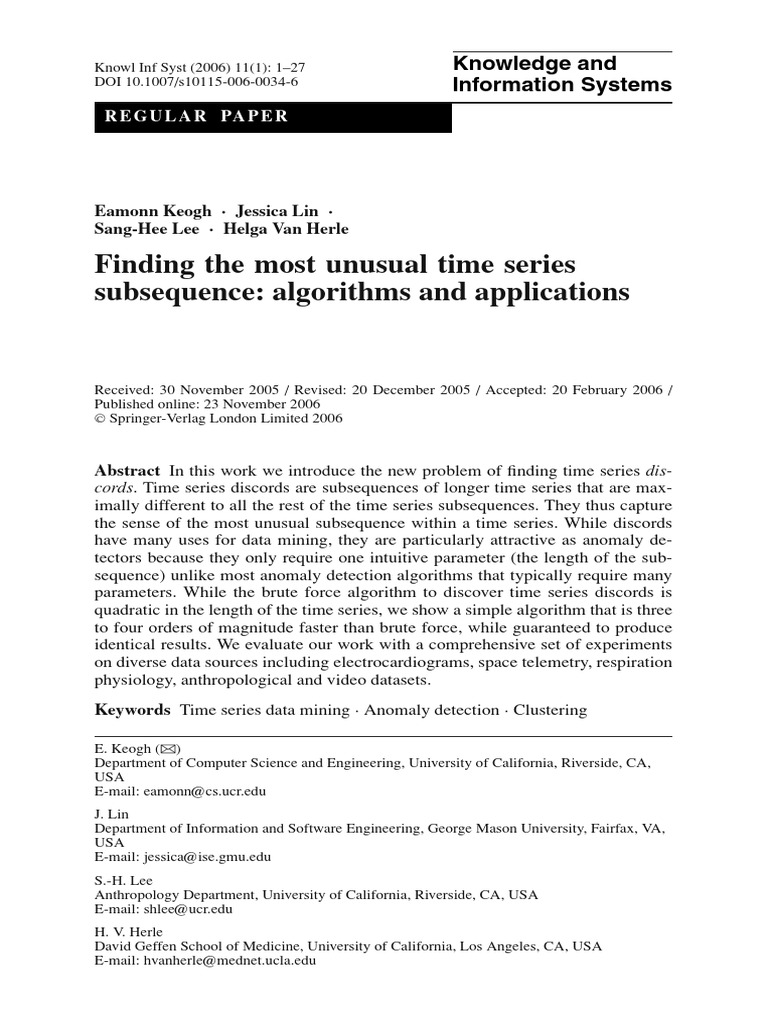 Keogh Etal 2007 Finding The Most Unusual Time Series Subsequence Pdf Time Series