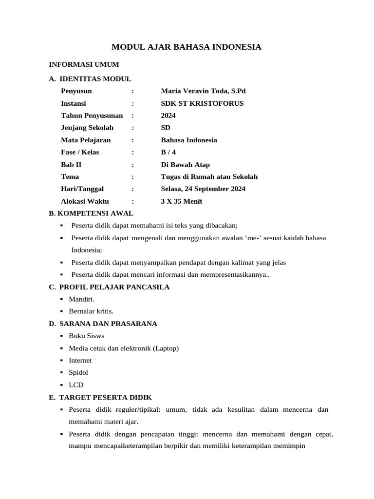 Modul Ajar Bindo Kelas Iv Maria Veravin | PDF