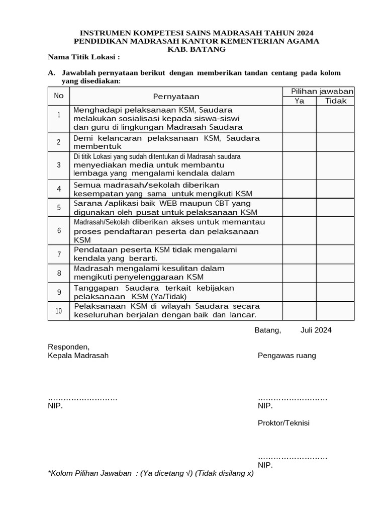 Instrumen Kompetesi Sains Madrasah Tahun 2024 | PDF