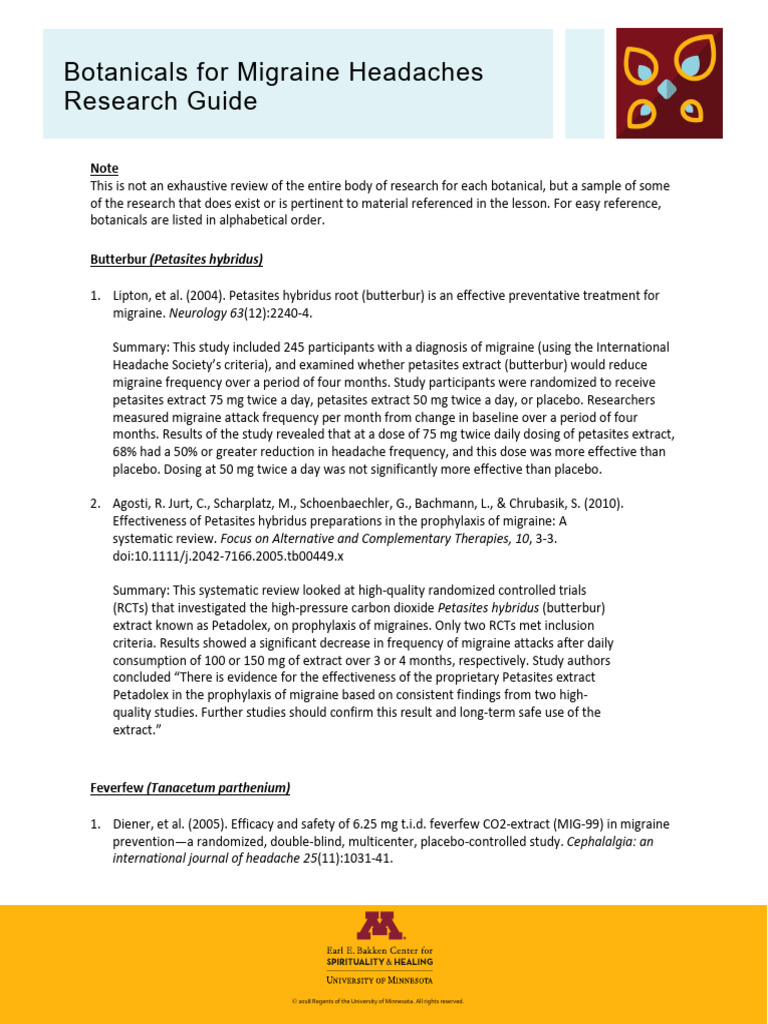 Botanicals For Migraine Headaches Research Guide - v2 | PDF | Migraine ...