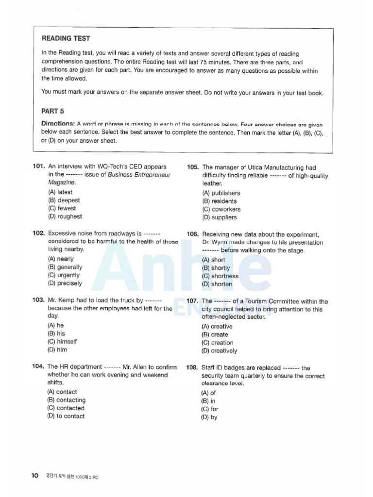 PART5+6+7 TOEIC 1000RC (10ban) | PDF
