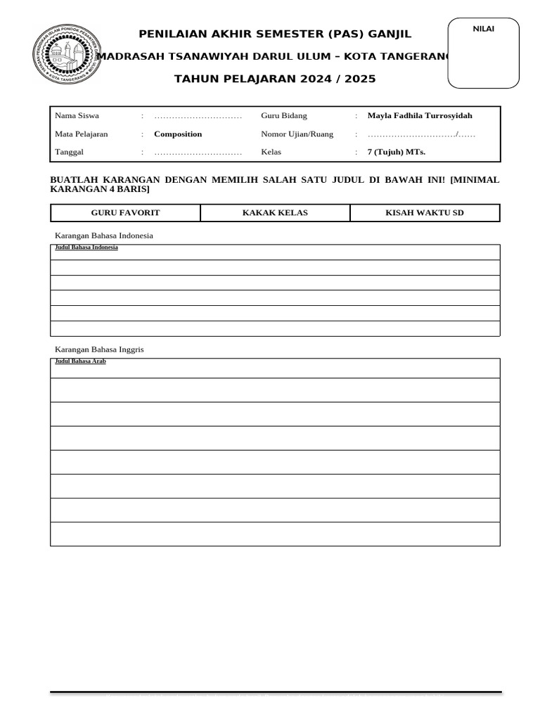 Soal Composition Kelas 7 MTs. PAS Ganjil TA 2024-2025 | PDF