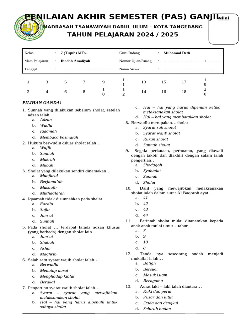 Soal Ibadah Amaliah Kelas 7 MTs. PAS Ganjil TA 2024-2025 | PDF