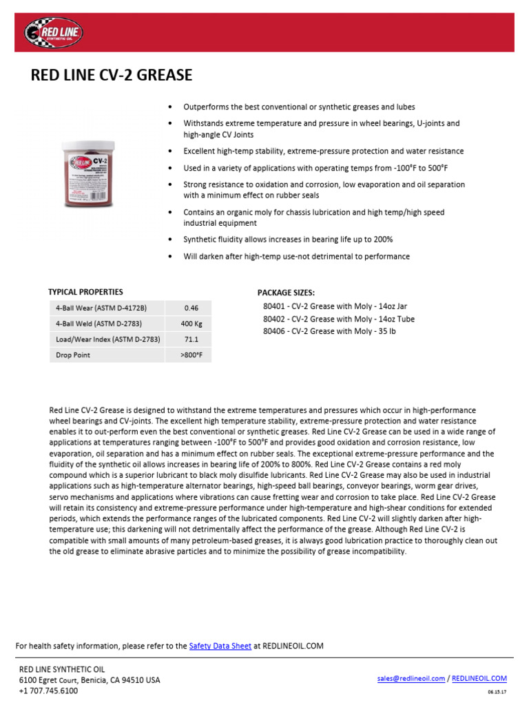 Red Line CV-2 Grease Overview | PDF | Bearing (Mechanical) | Wear