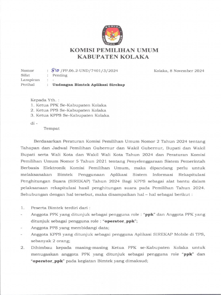 Undangan Bimtek Aplikasi Sirekap KPPS | PDF