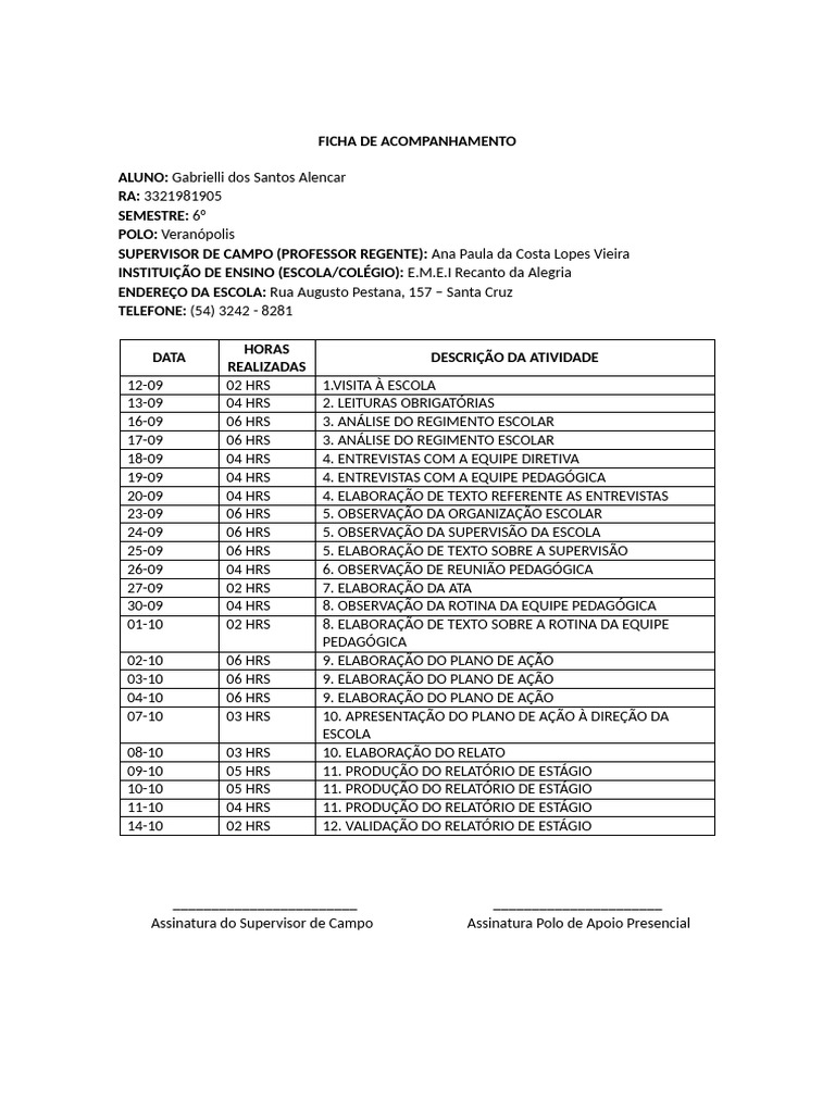 FICHA DE ACOMPANHAMENTO PREENCHIDA - Modelo Gestão III | PDF
