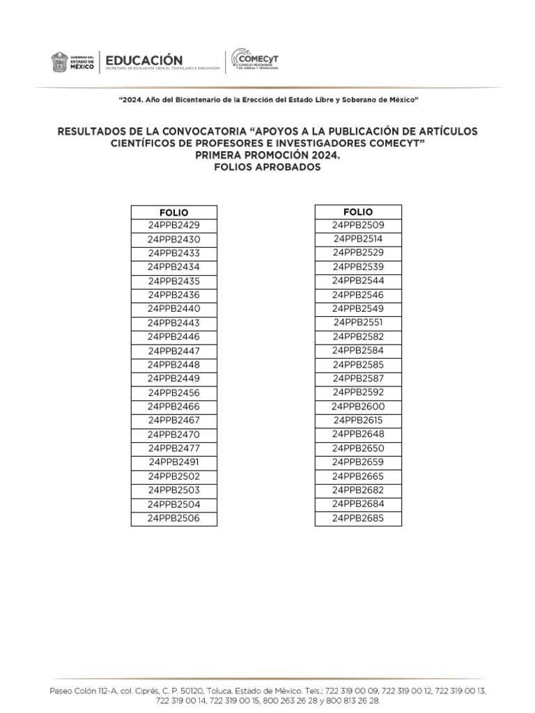 Folios Aprobados - Artículos 2024-1 | PDF