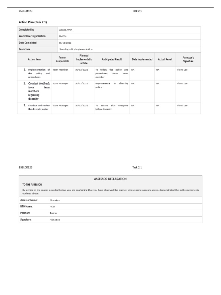 BSBLDR523 Part 2 Task 2.1 Action Plan | PDF
