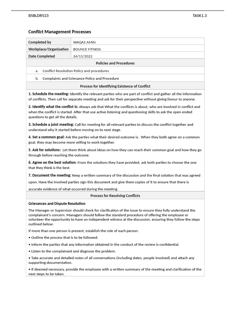 BSBLDR523 Part 1 Task 1.3 Conflict Management Processes | PDF | Social Psychology