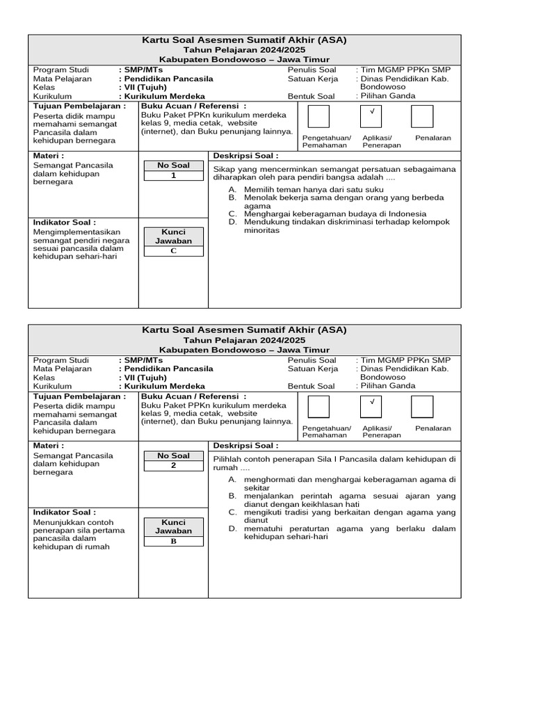 Kartu Soal ASA Pendidikan Pancasila Kelas IX 2024-2025 | PDF