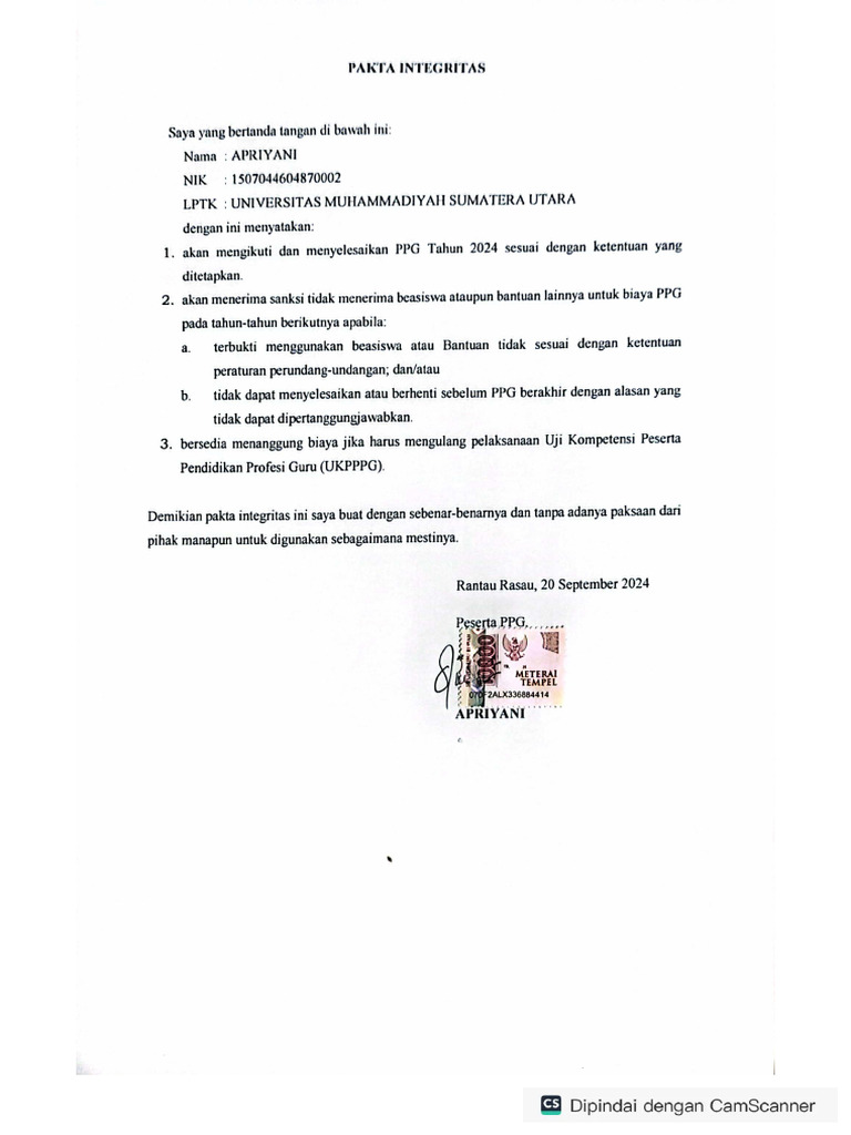 Pakta Integritas - Apriyani | PDF