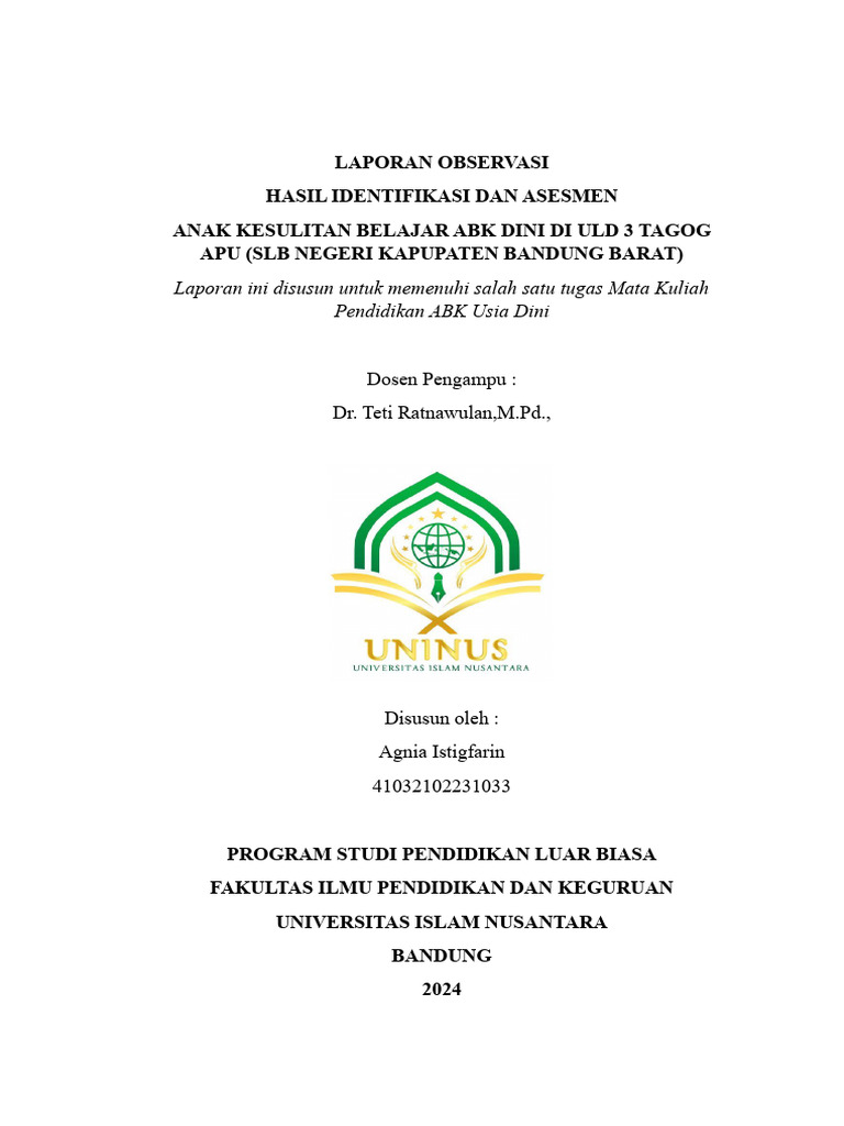 Laporan Observasi Identifikasi Dan Asesmen Kesulitan Belajar Abk Usia Dini | PDF