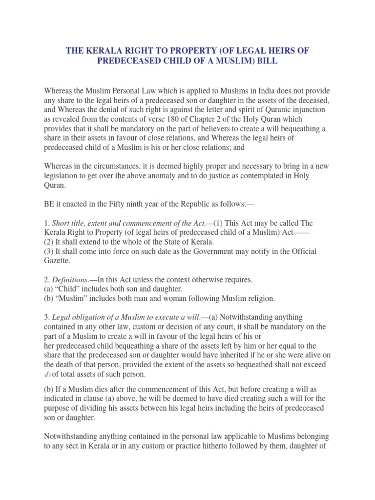 Kerala Right To Property of Legal Heirs of Predeceased Child of A ...