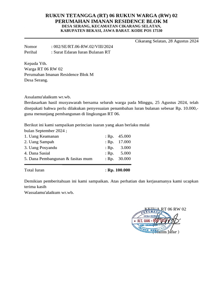 Iuran Bulanan RT 06 September 2024 | PDF