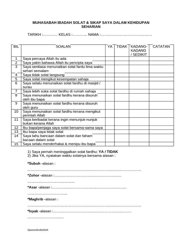 Borang Pelaksanaan Ibadah Solat Dalam Kalangan Rem | PDF