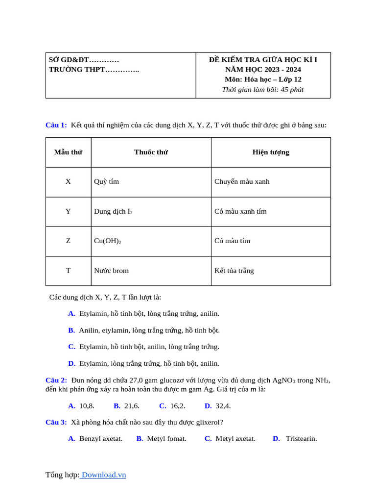 De Thi GK 1 Hoa 12 de 6 | PDF