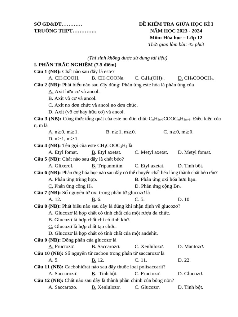 De Thi GK 1 Hoa 12 de 4 | PDF