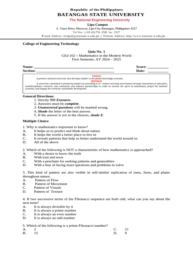 GEd 102 QUIZ 1 | PDF | Set (Mathematics) | Numbers