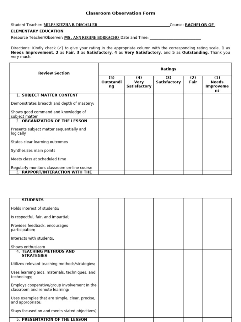 Classroom Observation Form | PDF | Teachers | Classroom