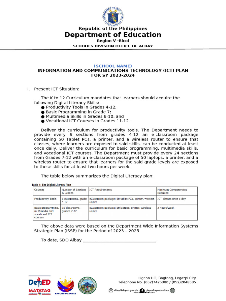 ICT Plan for Albay Schools 2023-2024 | PDF | Information And ...