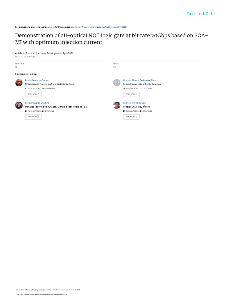 Demonstration of All-Optical NOT Logic Gate at Bit Rate 20Gbps Based On ...