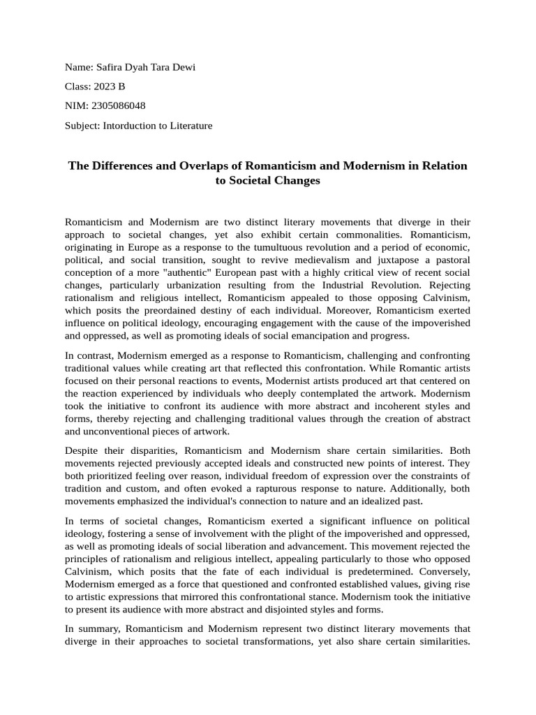 Essay (Safira Dyah Tara Dewi - 2305086048 - 2023 B) | PDF | Romanticism | Modernism